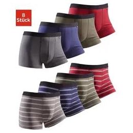 Boxer Buffalo "Boxershorts f&uuml;r Herren", Damen, Gr. M, 8 Stk., bunt (gestreift, olivgr&uuml;n, blau, bordeaux, grau), Jersey, Obermaterial: 95% Baumwolle, 5% Elasthan, gestreift, unifarben, Unterhosen, mit kontrastfarbigem Webbund