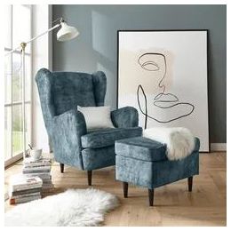 Ohrensessel ED EXCITING DESIGN "Oskar", blau (smokeblau), B:78cm H:102cm T:98cm, 100% Polyester, Sessel, mit Massivholzfüßen