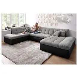 Wohnlandschaft DOMO collection "Moric U-Form, auch in Cord, Breite 353cm, viel Platz", grau (schwarz, weiß, grau), B:353cm H:80cm T:95cm, Microfaser PRIMABELLE / Struktur (90% Polyester/ 10% Polyacryl);Kunstleder SOFTLUX / Struktur (90% Polyester/ 10% Polyacryl), Sofas, im XXL-Format, wahlweise mit Bettfunktion und Armlehnenverstellung