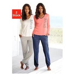 Pyjama Vivance DREAMS, Damen, Gr. 40/42, bunt (ecru, grau, meliert, koralle, marine), Single Jersey, Graumeliert (Obermaterial): 90% Baumwolle, 10% Polyester. Obermaterial: 100% Baumwolle, unifarben mit Farbeinsatz, lang, Homewear-Sets Pyjama, mit seitlichem Print