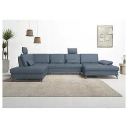 Wohnlandschaft Places of Style "Costello U-Form, B: 363 cm mit Sitztiefen-, Armteilverstellung &", blau (graublau), B:363cm H:89cm T:223cm, Luxus-Microfaser (90% Polyester, 10% Polyamid);Samtoptik (100% Polyester), Sofas, 3 Nierenkissen, optional Bettfunktion und Bettkasten