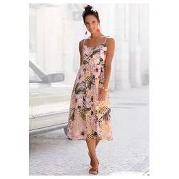 Sommerkleid Lascana, Damen, Gr. 40, N-Gr, orange (apricot, bedruckt), Web, Obermaterial: 58% Viskose, 28% Baumwolle, 14% Leinen, Modisch, figurumspielend Midi, V-Ausschnitt, Kleider, aus Leinenmix, Midikleid mit Knopfleiste vorne, Strandkleid
