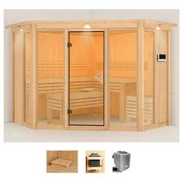 Sauna Karibu "Astrid 2", beige (naturbelassen), Bio-Kombiofen, externe Steuerung, 9 kW, Saunen, Ofen 9 kW Bio externe Strg easy