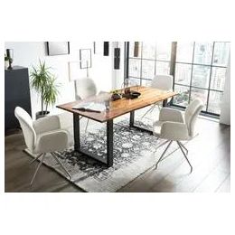 Essgruppe Salesfever "Tischgruppe für gemütliche Familienabende", beige (cognac, schwarz, creme, silber, creme, silber), Strukturstoff, 160,85 + Drehfunktion, Edelstahl, Massivholz, Metall, Polyester, Sitzmöbel-Sets, 5-teiliges Set: Tischplatte mit Baumkante, rostfreies Edelstahlgestell