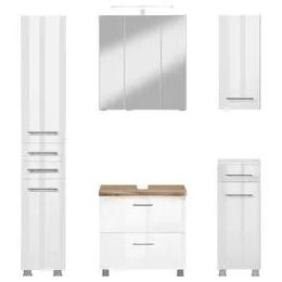Badmöbel-Set Welltime ""Trento", Badezimmer-Set, Hängeschrank, Unterschrank, Hochschrank", weiß (hochglanz weiß, baumkante), B:120cm H:200cm T:35cm, Holzwerkstoff, MDF, Kastenmöbel-Sets, Waschbeckenunterschrank, Spiegelschrank inkl. Aufbauleuchte