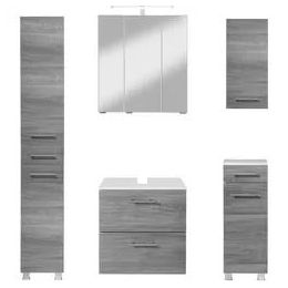 Badmöbel-Set Welltime ""Trento", Badezimmer-Set, Hängeschrank, Unterschrank, Hochschrank", silber (eiche rauchsilber), B:120cm H:200cm T:35cm, Holzwerkstoff, MDF, Kastenmöbel-Sets, Waschbeckenunterschrank, Spiegelschrank inkl. Aufbauleuchte