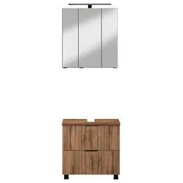 Badmöbel-Set Welltime ""Trento", Badezimmer-Set, Waschbeckenunterschrank, Spiegelschrank", braun (wotaneiche rille), B:60cm H:200cm T:35cm, Holzwerkstoff, MDF, Kastenmöbel-Sets, inkl. LED Aufbauleuchtung Schalter/Steckdose, Möbel Made in Germany
