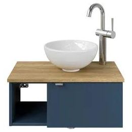 Waschtisch SAPHIR "Serie 6915 Waschschale mit Unterschrank für Gästebad, Gäste WC", blau (baltic blau matt, halifax eiche, baltic blau matt touch), B:61cm H:39,8cm T:35cm, Waschtische, 61 cm mit Keramik-Aufsatzbecken, 1 Tür und 1 Fach