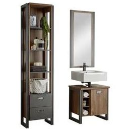 Badmöbel-Set Home Affaire "Detroit, Bad im Industrialdesign, 3-teiliges Badezimmer", gelb (eiche honigfarben dekor, schiefer, nachbildung), Kastenmöbel-Sets, Unterschrank, Regal & Spiegel, holzfarben, offene Fächer & Stauraum