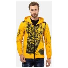 Cipo & Baxx Sweatjacke CIPO & BAXX "Jacken", Herren, Gr. S, gelb (mustard), 80% Baumwolle;15% Polyester;5% Elasthan, bedruckt, Basic, regular fit normal, Rippbündchen, Sweatjacken, mit Print, CL561