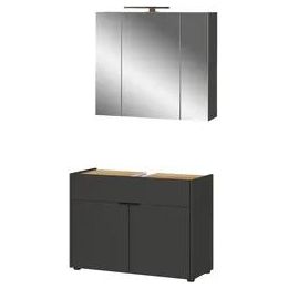 Badmöbel-Set Germania "Ameca", grau (graphit, navarra, eiche, nachbildung), B:80cm H:200cm T:34cm, Glas, Spanplatte, Kastenmöbel-Sets, Badezimmer-Set bestehend aus Waschbeckenunterschrank & Spiegelschrank