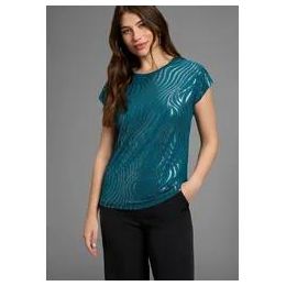 Rundhalsshirt Laura Scott, Damen, Gr. 46, blau (petrol), Single Jersey, Obermaterial: 95% Viskose, 5% Elasthan, bedruckt, gemustert, metallic, unifarben, figurumspielend hüftbedeckend, Rundhals, angeschnitten, Shirts, Kurzarm, figurumspielend, aus elastischem Single Jersey