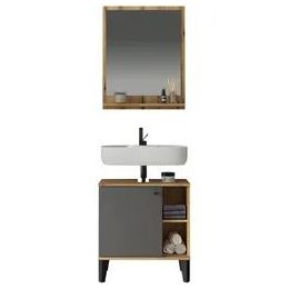 Badmöbel-Set Inosign "OSLO, Bad im skandinavischen Design", grau (eiche evoke, grau), B:60cm H:190cm T:33cm, Holzwerkstoff, Kastenmöbel-Sets, Badschränke und Spiegel, in zwei Farben verfügbar, viel Stauraum
