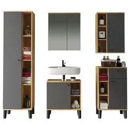 Badmöbel-Set Inosign "OSLO, Bad im skandinavischen Design, 5-teiliges Badezimmer", grau (eiche evoke, grau), B:182cm H:190cm T:33cm, Holzwerkstoff, Kastenmöbel-Sets, Badschränke und Spiegel, in zwei Farben verfügbar, viel Stauraum