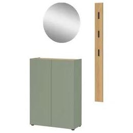 Garderoben-Set Germania "Alviano", grün (taupegrün, navarra, eiche, nachbildung), mit Garderobenpaneel, Glas, Spanplatte, Kastenmöbel-Sets, mit rundem Spiegel, optional mit Hakenpaneel, Made in Germany