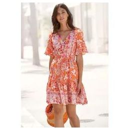 Sommerkleid Lascana, Damen, Gr. 36, N-Gr, orange (orange bedruckt), Web, Obermaterial: 100% Viskose, bedruckt, Modisch, figurumspielend ca. Mitte Oberschenkel, V-Ausschnitt, Kleider, mit Alloverdruck