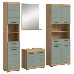 Badmöbel-Set Inosign "Siena, 4 teilig, bestehend aus:", grün (artisan eiche nb, salbei nb), B:186cm H:191cm T:34cm, Holzwerkstoff, MDF, Kastenmöbel-Sets, Hochschrank, Waschbeckenunterschrank, Badspiegel, Hochschrank breit