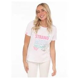 T-Shirt ZwillingSHERZ ""Strand Meer Heimat"", Damen, Gr. SM (S/M), weiß, Web, Obermaterial: 92% Baumwolle, 8% Elasthan, comfort fit hüftlang, Rundhals, Shirts, maritimer Stickerei, Pailletten, Kurzarm, Rundhalsausschnitt