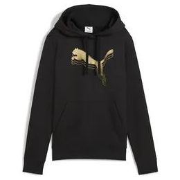 Kapuzensweatshirt Puma "ESS METALLIC HOODIE FL", Damen, Gr. M, schwarz (Puma schwarz, metallic gold), Fleece, Obermaterial: 68% Baumwolle, 32% Polyester, bedruckt, regular fit normal, Rundhals, Sweatshirts