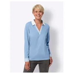 Langarmshirt Classic Basics "Langarm-Shirt", Damen, Gr. 56, blau (himmelblau, wei&szlig;), 100% Baumwolle, gemustert, gestreift, mehrfarbig, V-Ausschnitt, Shirts Langarmshirt