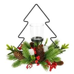 Teelichthalter I.GE.A. "Dekofigur Metall-Tannenbaum mit Glaseinsatz", grün (grün, rot), B:20cm H:25cm, Metall, Kerzenhalter, Tannenzweige Zapfen Kerzenhalter Dekolicht Weihnachtsdeko Windlicht