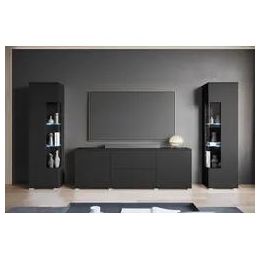 Wohnwand Inosign "KENIA", schwarz (graphite schwarz matt), B:270cm H:161cm T:34cm, Holzwerkstoff, Kastenmöbel-Sets, Vitrinen mit Eckverglasung, hängend und stehend montierbar