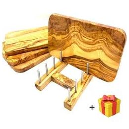 Geschirrständer OLIVENHOLZ-ERLEBEN "Brettchenständer für bis zu 4 Frühstücksbretter", braun, B:11cm H:6,5cm T:13cm, Aluminium, Massivholz, Geschirrständer, Platzsparende Aufbewahrung für bis zu 4 Brettchen an einem Ort
