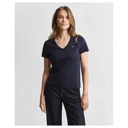T-Shirt Gant "REG SHIELD KA V-NECK T-SHIRT", Damen, Gr. XXXL, blau (evening blau), Jersey, Obermaterial: 100% Baumwolle, unifarben, Basic, regular fit hüftlang, V-Ausschnitt, abgesteppt, Shirts, mit einer kleinen Logostickerei auf der Brust