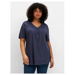 T-Shirt sheego "T-Shirt", Damen, Gr. 52/54, blau (blaubeere), 50% Baumwolle, 50% Viskose, unifarben, V-Ausschnitt, Shirts
