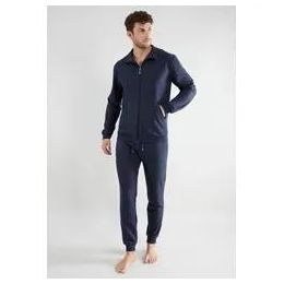 Götzburg Loungeanzug GÖTZBURG "Boston", Herren, Gr. 56 (XXL), blau (blau, dunkel, uni), Obermaterial: 95% Baumwolle, 5% Elasthan, bequem lang, ohne Ausschnitt, Homewear-Sets, seitliche Eingrifftaschen, Oberteil mit Reißverschluss, Baumwollmix