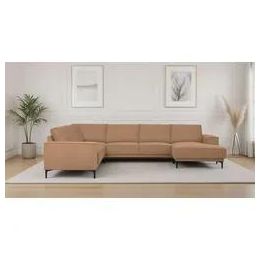 Wohnlandschaft Places of Style "XXL Sofa Oland, Struktur, Flachgewebe, Luxus-Microfaser, Boucle", light braun, B:342cm H:85cm T:260cm, 92%PES 8%NY, Sofas, U-Form, 342 cm, Wellenunterfederung, Skandi-Design, Metallfüße