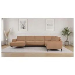 Wohnlandschaft Places of Style "XXL Sofa Oland, Struktur, Flachgewebe, Luxus-Microfaser, Boucle", light braun, B:342cm H:85cm T:260cm, 92%PES 8%NY, Sofas, U-Form, 342 cm, Wellenunterfederung, Skandi-Design, Metallfüße