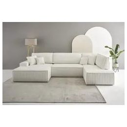 Wohnlandschaft Andas "FINNLEY, U-Form XXL 329 cm, Schlafsofa, Schlaffunktion m. Bettkasten", beige (hellbeige), B:329cm H:85cm T:195cm, Bezugstoff 100% PES , Gramatur 400g/qm +/- 5%, Sofas, verfügbar in den Stoffqualitäten Bouclé, Struktur fein und Mega Cord