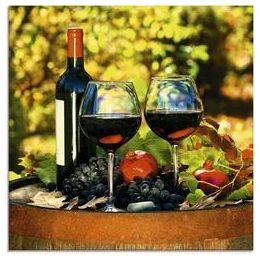 Glasbild Artland "Gläser Rotwein auf altem Fass", grün (farbe bild(er): grün), B:20cm H:20cm, Bilder, in verschiedenen Größen