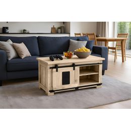 Couchtisch mit 2 Schiebetüren und 4 Fächern Akazie massiv 110 x 45 x 70 cm eiche LIBRO