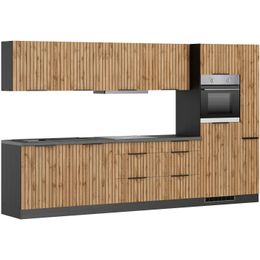 Küchenzeile KOCHSTATION "KS-Lagos, wahlweise mit E-Geräten, Spüle edelstahl oder schwarz", beige (küche: natur, front: listrado eiche, korpus: grafitgrau, arbeitsplatte: betongrau), B:330cm H:200cm T:60cm, Komplettküchen-Sets, Küchenzeile, Breite 330cm, Ceran-oder Induktionskochfeld,mit oder ohne Kühlschrank