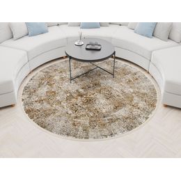 Teppich OCI DIE TEPPICHMARKE "BESTSELLER CAVA", beige, mix, H:8mm Ø:160cm, Viskose, Teppiche, Fransenteppich, Glanz Viskose, Hoch Tief Struktur, mit Fransen, Wohnzimmer