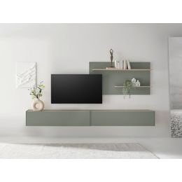 Wohnwand Inosign "City/Giron, moderne Anbauwand, Komplettset in vielen Farben verfügbar", grün aloe, B:300cm H:180cm T:30cm, Holzwerkstoff, Kastenmöbel-Sets, enthält zwei Hängeschränke & ein Wandpaneel