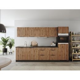 Küchenzeile KOCHSTATION "KS-Lagos, Breite 300 cm, wahlweise mit E-Geräten", beige (küche: natur, front: listrado eiche, korpus: grafitgrau, arbeitsplatte: betongrau), B:300cm H:200cm T:60cm, Komplettküchen-Sets, Küchenzeile, Ceran-oder Induktionskochfeld, Spüle in edelstahl oder schwarz