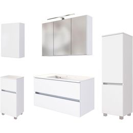 Badmöbel-Set Welltime "Welltime Möbel Baabe Waschtisch-Set 3tlg. oder 5tlg.", weiß (matt weiß), Set 11 5tlg.: Waschtisch 100cm breit, Spiegelschrank 100cm breit, Hängeschrank, Unterschrank, Midischrank, Holzwerkstoff, Kastenmöbel-Sets, gedämpfte Scharniere und Softclose-Funktion, inklusive LED-Beleuchtung