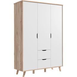 Drehtürenschrank FORTE "Vankka, OTTOs Choice, Kleiderschrank, viel Stauraum", weiß (planken eiche, weiß), B:139,4cm H:201,5cm T:52,7cm, FSC-zertifizierter Holzwerkstoff, Schränke, Made in Europe,mit Einlegeböden+Kleiderstange+Schubladen,grifflos, Topseller