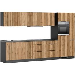 Küchenzeile KOCHSTATION "KS-Lagos, wahlweise mit E-Geräten, Spüle edelstahl oder schwarz", beige (küche: natur, front: listrado eiche, korpus: grafitgrau, arbeitsplatte: betongrau), B:330cm H:200cm T:60cm, Komplettküchen-Sets, Küchenzeile, Breite 330cm, Ceran-oder Induktionskochfeld,mit oder ohne Kühlschrank