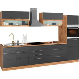 Küchenzeile KOCHSTATION "KS-Wien", schwarz (küche: grau, front: anthrazit, korpus: wotaneichefarben, arbeitsplatte: wotaneichefarben), B:340cm T:60cm, Komplettküchen-Sets, Küchenzeile, Breite 340 cm, wahlweise mit E-Geräten und Induktion