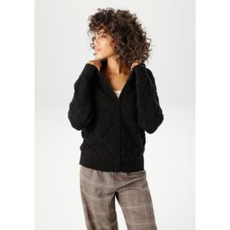 Strickjacke Aniston CASUAL, Damen, Gr. 34, schwarz, Strick, Obermaterial: 67% Polyacryl, 30% Polyamid, 3% Elasthan, Rautenmuster, unifarben, lässig geschnitten hüftlang, Rundhals, Rippstrickbündchen, Strickjacken, mit dezentem Rauten-Muster im 3D-Effekt - NEUE KOLLEKTION