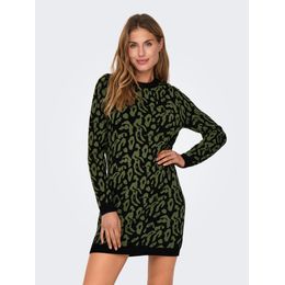 Strickkleid Only "ONLJENNI LS ANIMAL DRESS EX KNT", Damen, Gr. L, N-Gr, schwarz pattern:olive night leo, Strick, Obermaterial: 50% Viskose, 27% Nylon, 23% Polyester, gemustert, regular fit ca. Mitte Oberschenkel, Rundhals, Kleider