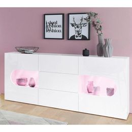 Inosign Sideboard &raquo;Real, Vitrine, Kommode, Schrank, komplett hochglanz lackiert&laquo; mit 2 Glast&uuml;ren und 3 Schubladen ohne Griff, Breite 180 wei&szlig;...