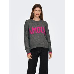 Only Rundhalspullover »ONLNEW AMOUR LS TEXT O-NECK CS KNT« Medium Grey Melange Detail:Fuchsia Purple Amour L L Pullover von Only
