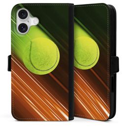 DeinDesign iPhone 16 Plus Handy Klapphülle Handyhülle aus Kunst Leder schwarz Flip Case Tennis Ball Hobby Sideflip mit Lasche