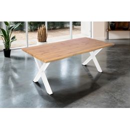 Esstisch 200x100 cm Baumkante Holz Wildeiche-Optik X-Gestell Metall weiß JOSY
