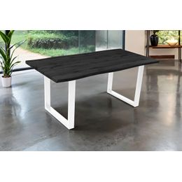 Esstisch 180x90 cm Baumkante Holz Grau-Optik U-Gestell Metall weiß JOSY
